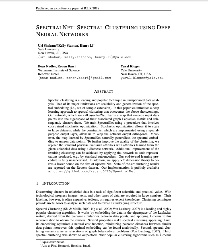 SpectralNet Spectral Clustering Using Deep Neural Networks SpectralNet Spectral Clustering Using Deep Neural Networks